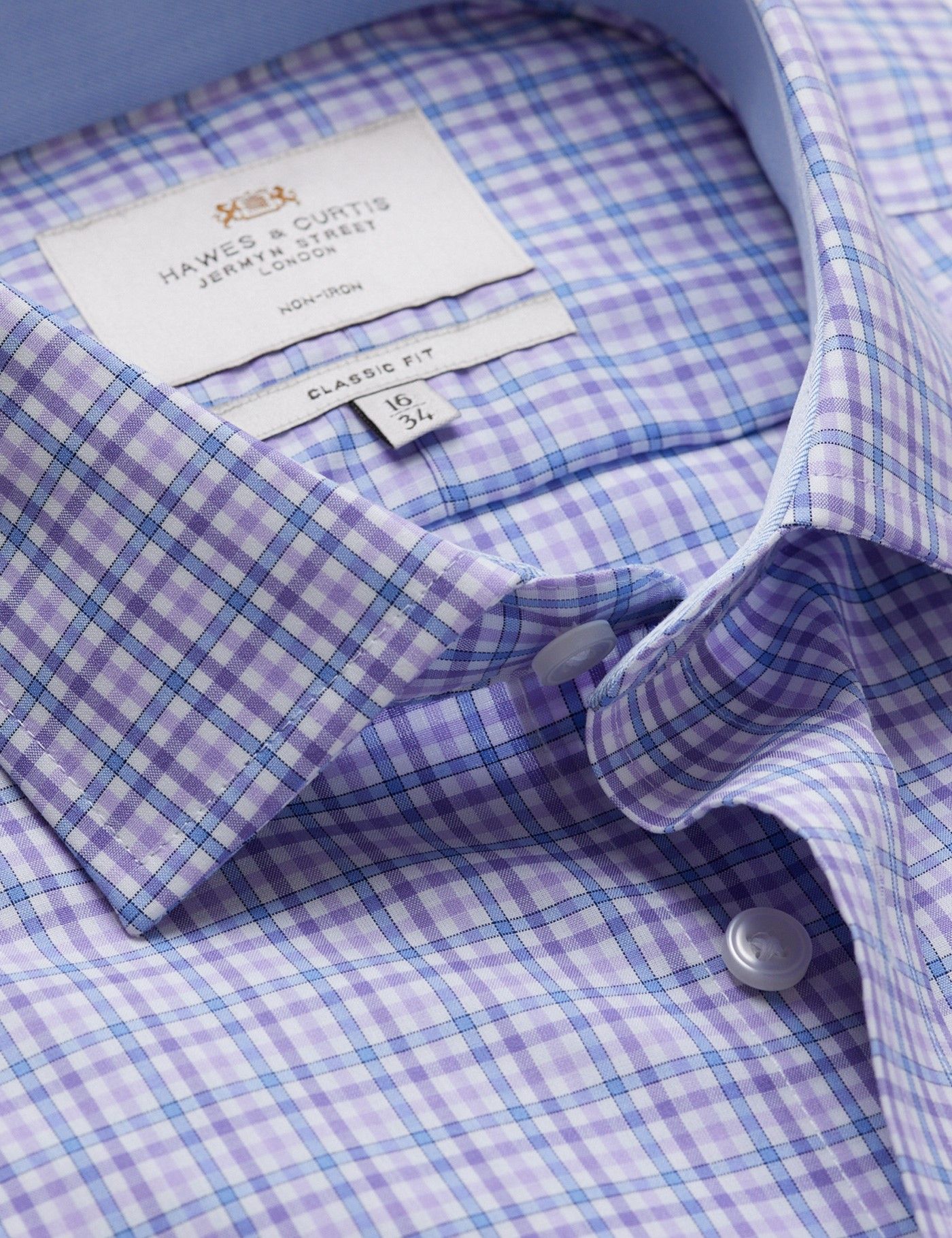 Men's Non-Iron Purple & Blue Check Classic Fit Shirt - Contrast Detail ...