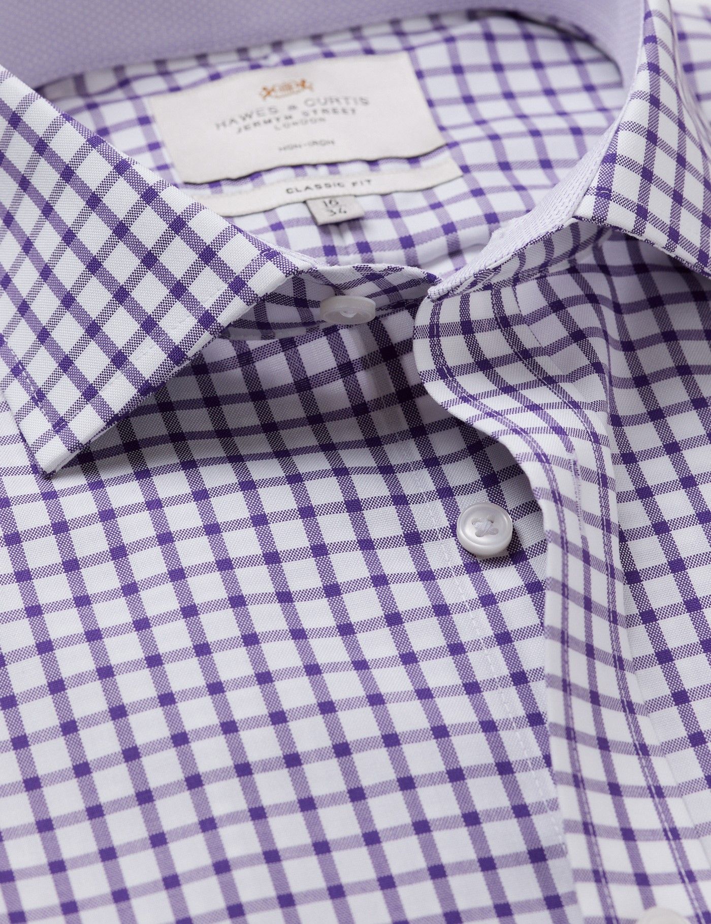 Men's Non-Iron Purple & White Grid Check Classic Fit Shirt - Contrast ...