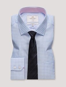 Men's Non-Iron Blue & White Grid Check Classic Fit Shirt - Contrast Detail & Breast Pocket ...