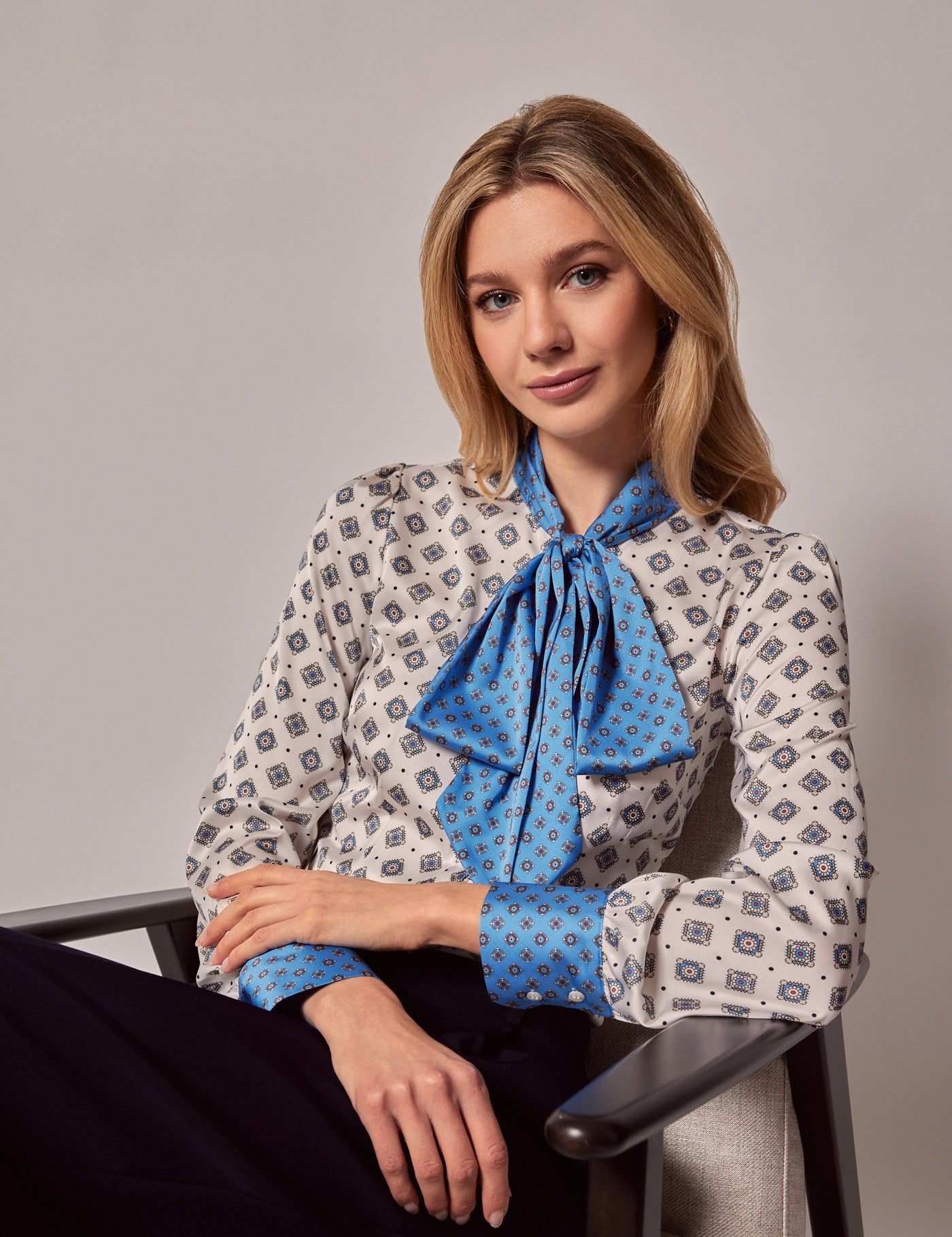 Womens Cream And Blue Geometric Satin Pussybow Blouse Hawes And Curtis