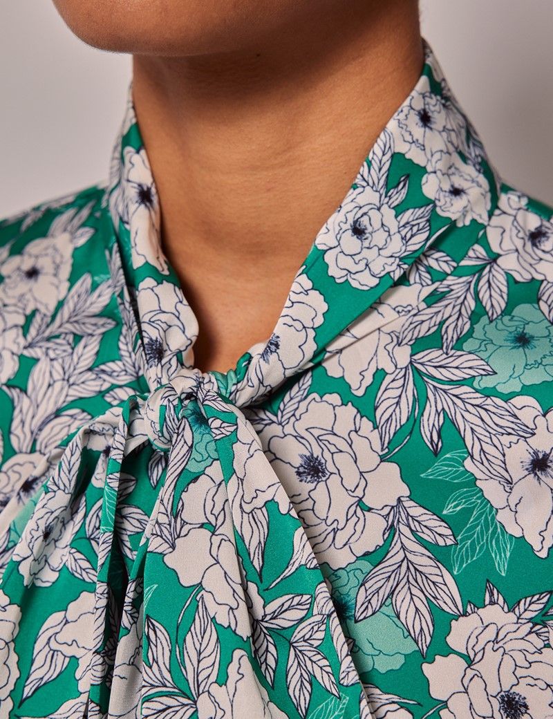 Women’s Green & White Peonies Satin Pussybow Blouse | Hawes & Curtis