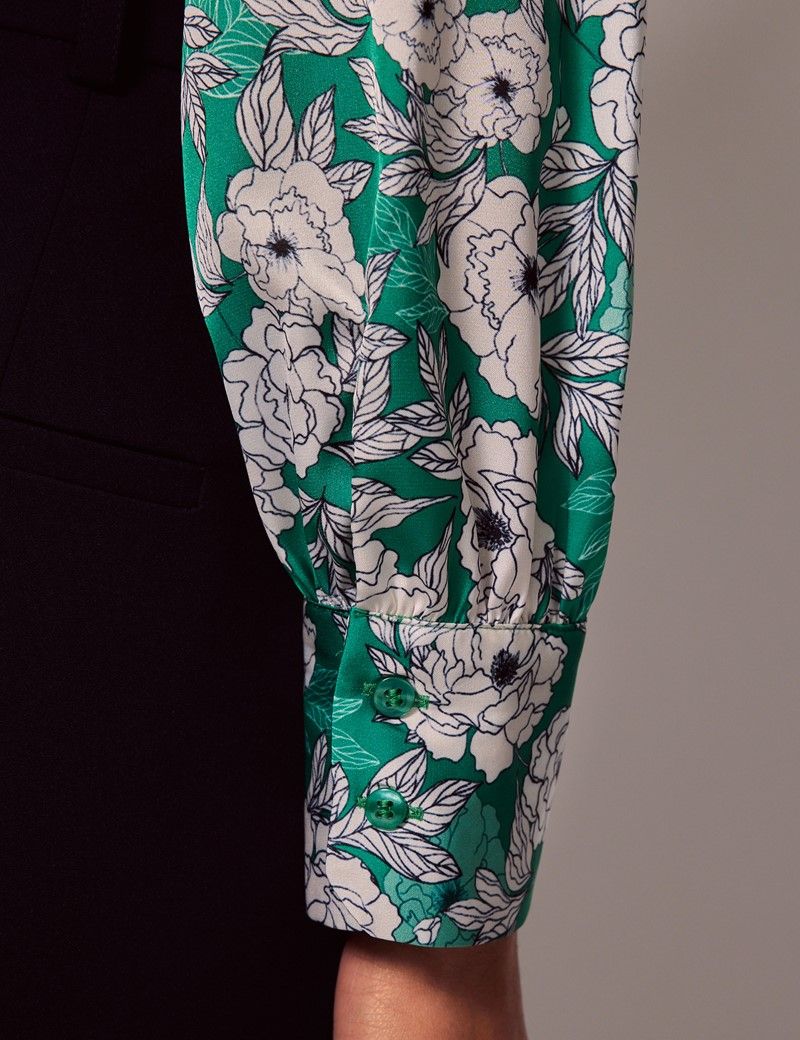 Women’s Green & White Peonies Satin Pussybow Blouse | Hawes & Curtis
