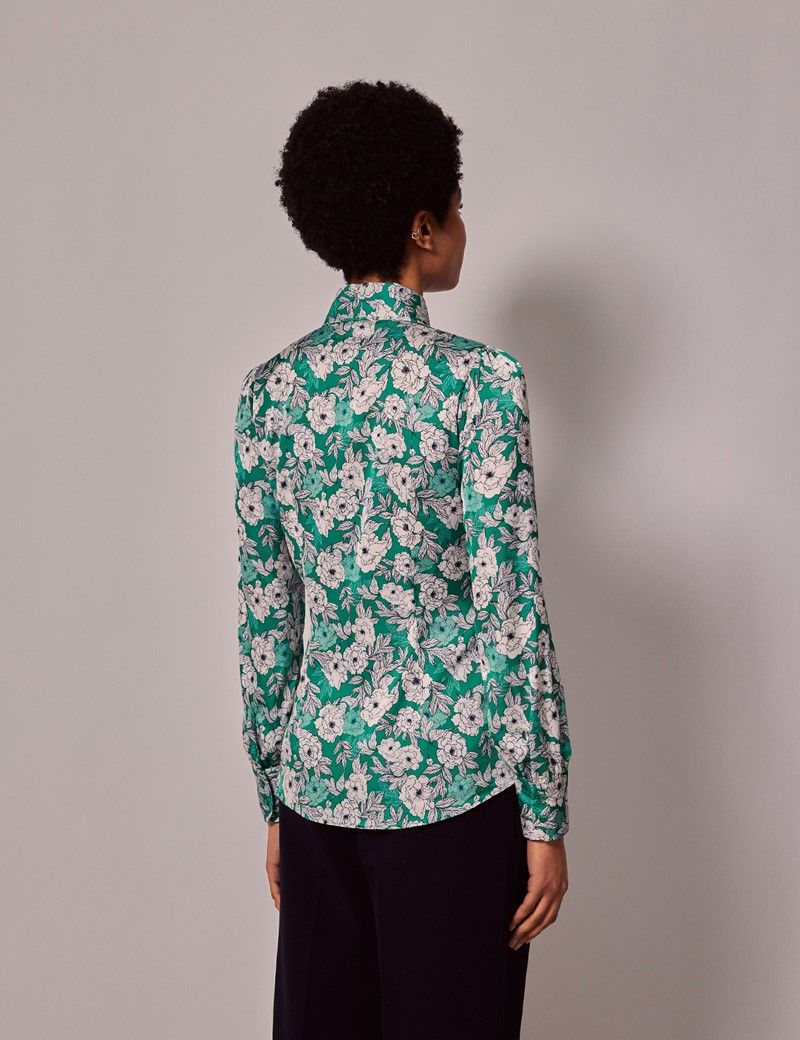 Women’s Green & White Peonies Satin Pussybow Blouse | Hawes & Curtis
