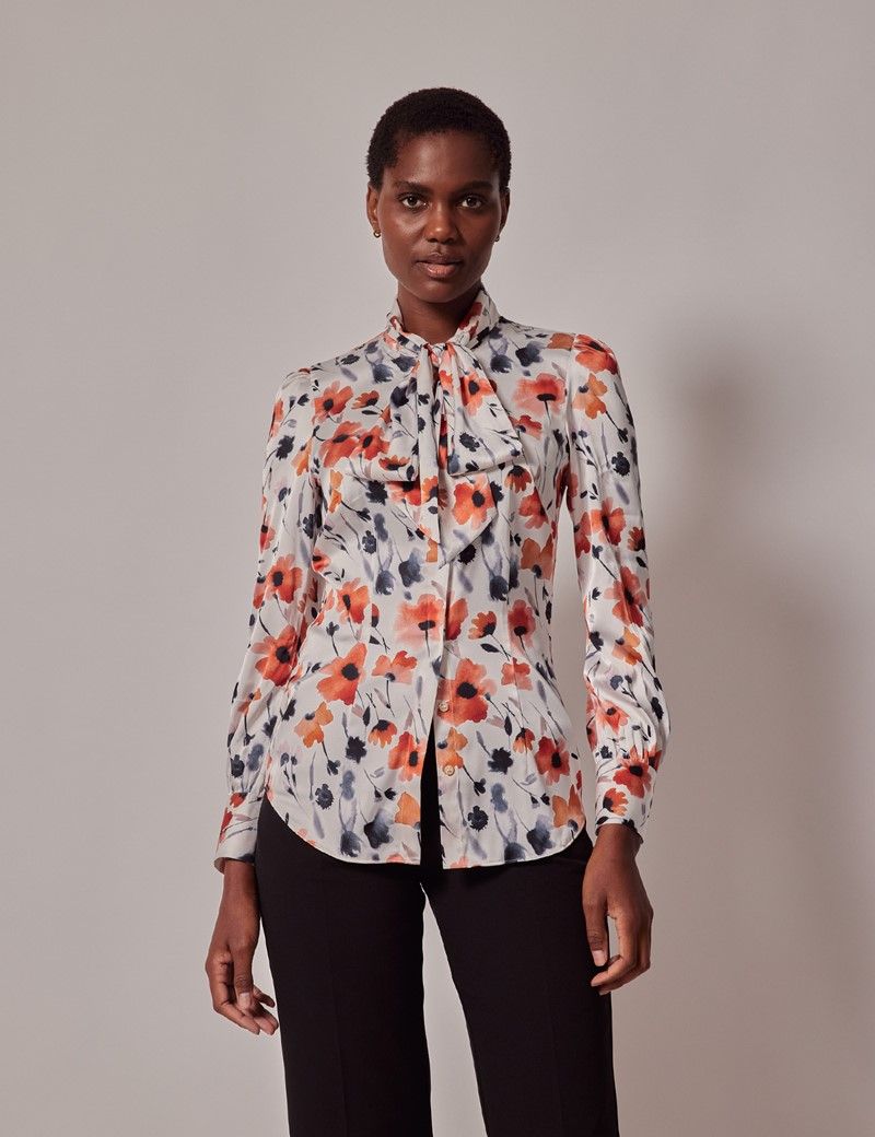 Womens Cream And Black Blurred Floral Satin Pussybow Blouse Hawes And Curtis