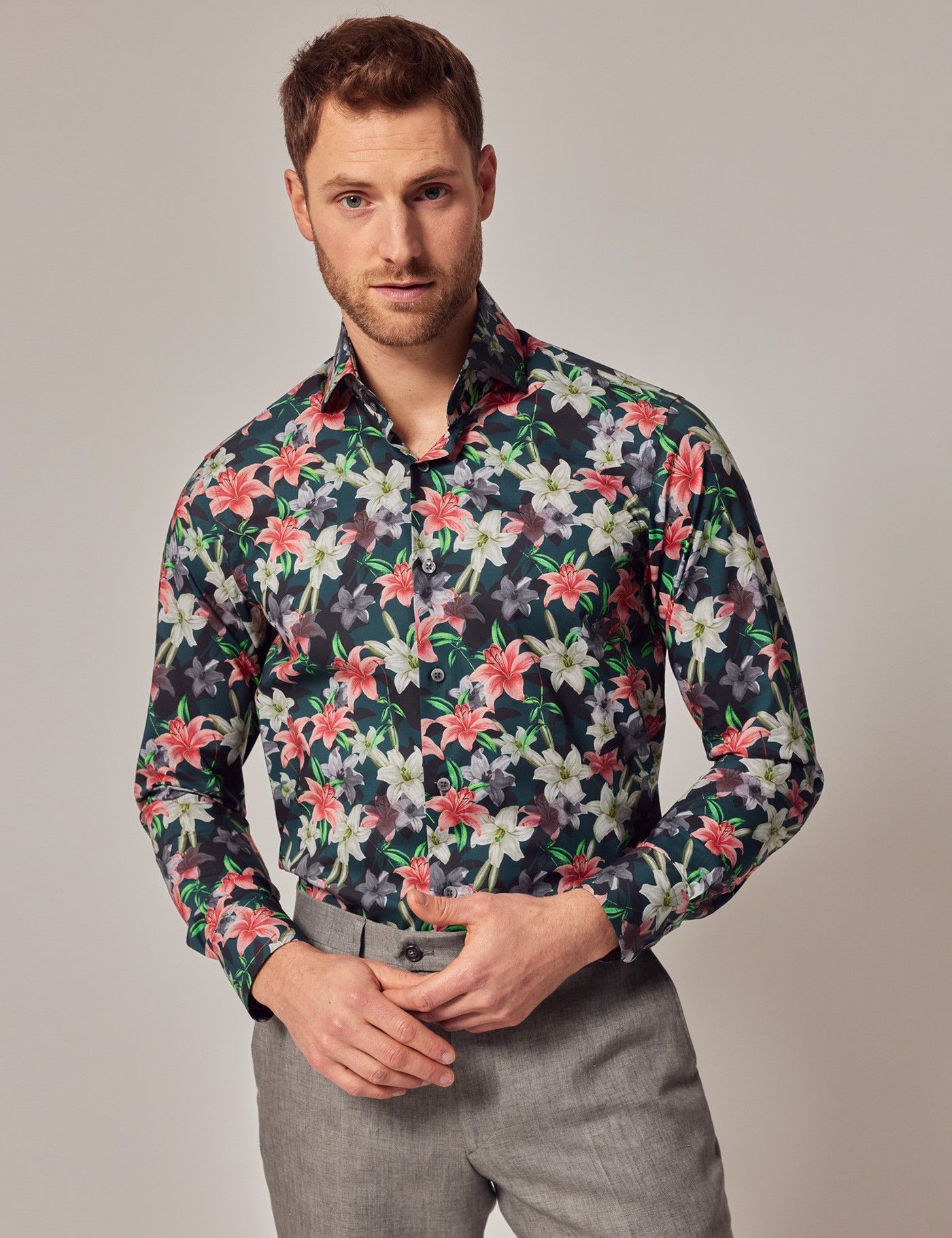 Men's Green & White Floral Lily Slim Shirt - High Collar Men's Green & White Floral Lily Slim Shirt - High Collar