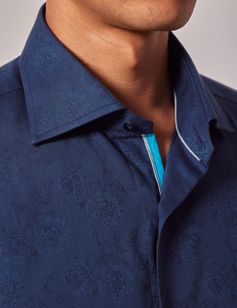 Men's Dark Blue Jacquard Slim Shirt | Hawes & Curtis