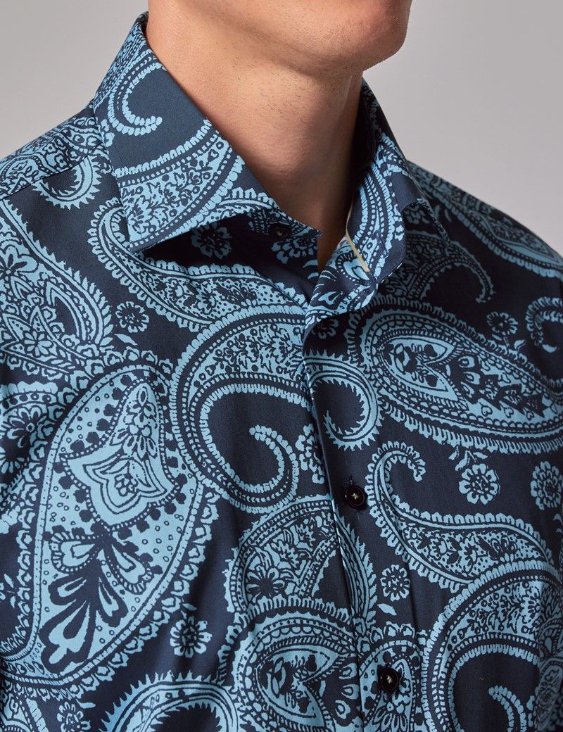 Men's Navy & Blue Paisley Cotton Stretch Slim Shirt