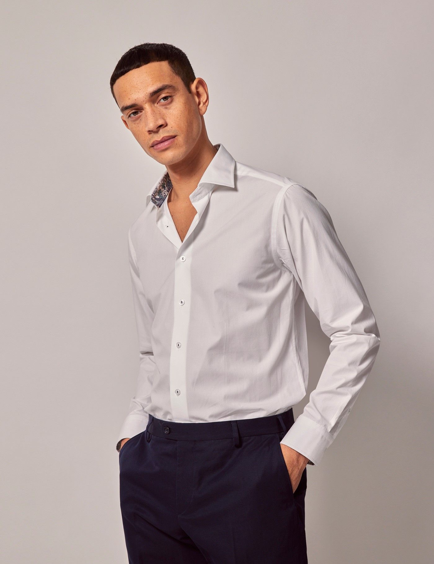 Men's White Cotton Slim Shirt - Contrast Detail | Hawes & Curtis