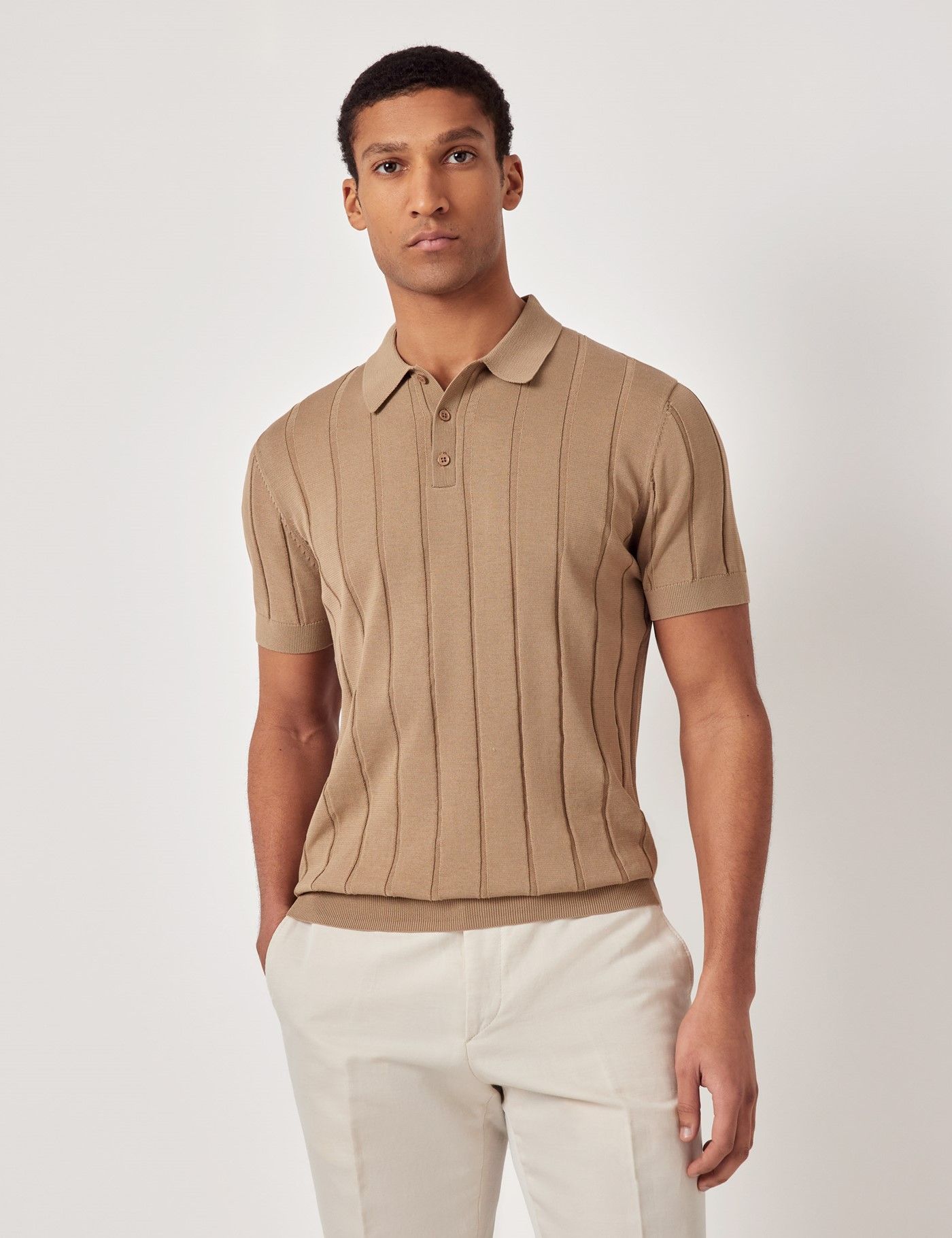 Men's Dark Beige Inverted Rib Knitted Polo Shirt - Short Sleeve | Hawes ...