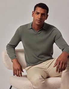 Men's Dark Sage Open Collar Knitted Cotton Polo Shirt – Long Sleeve | Hawes and Curtis