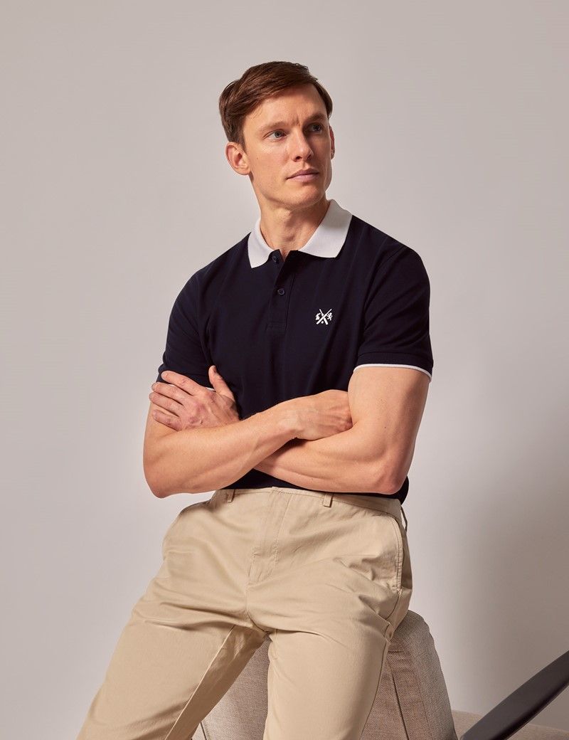 Mens Navy Tipped Mercerised Cotton Polo Shirt Short Sleeve Lords