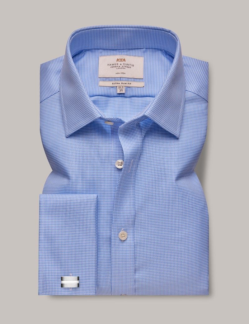 Men's Non-Iron White & Blue Dobby Extra Slim Fit Shirt - Double Cuff