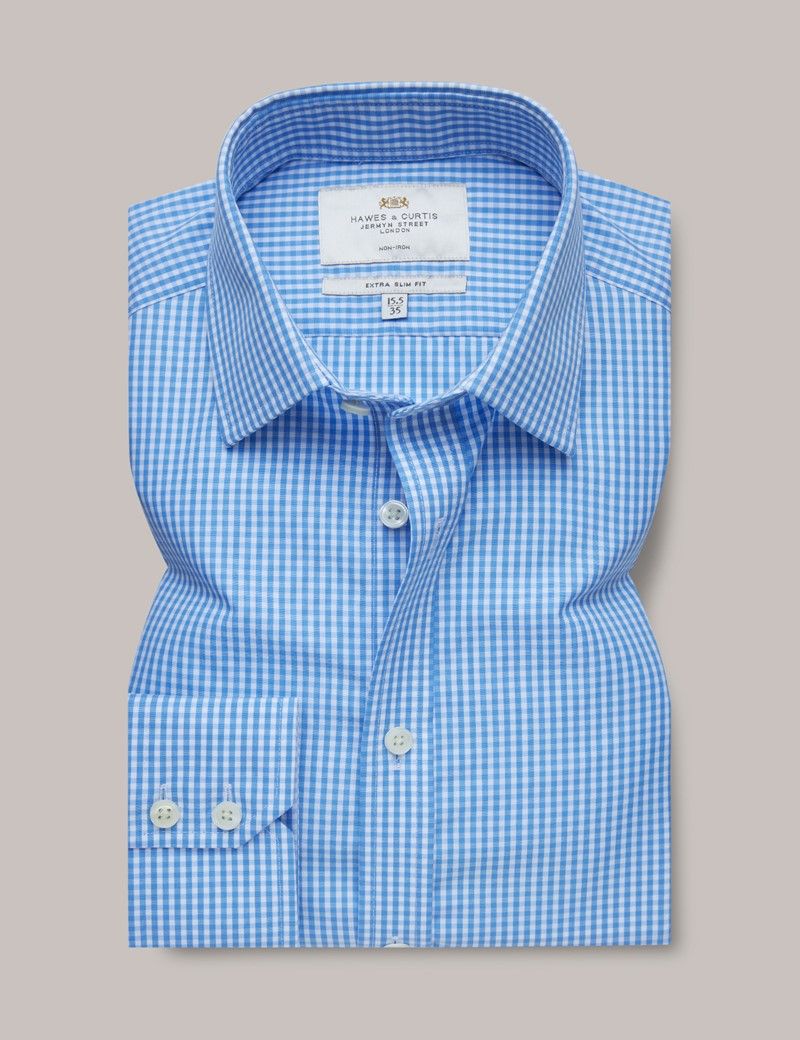 Non-Iron Blue & White Gingham Check Extra Slim Shirt | Hawes & Curtis
