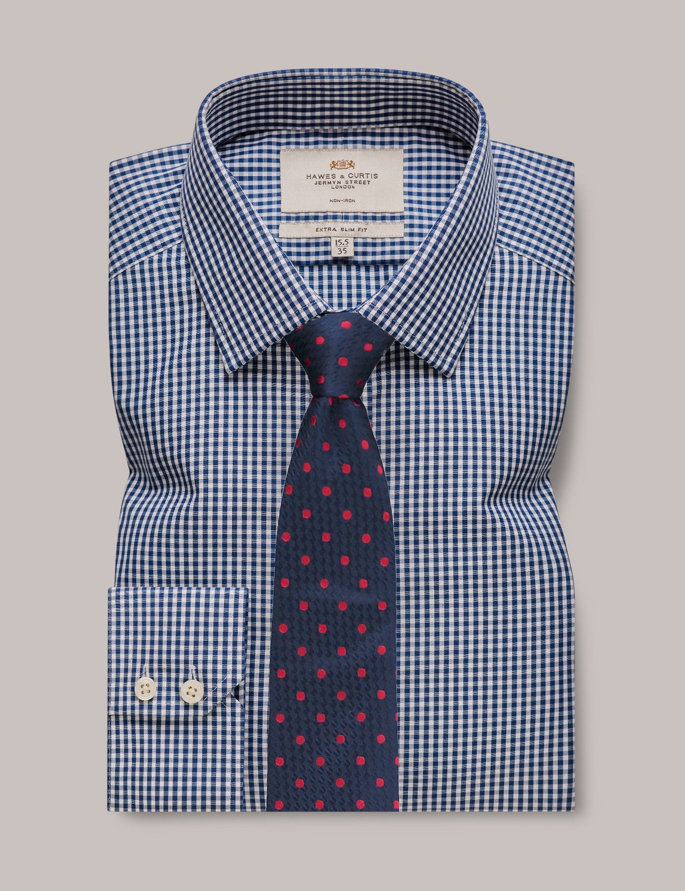 Men's Non Iron Navy & White Gingham Check Extra Slim Fit Shirt | Hawes & Curtis