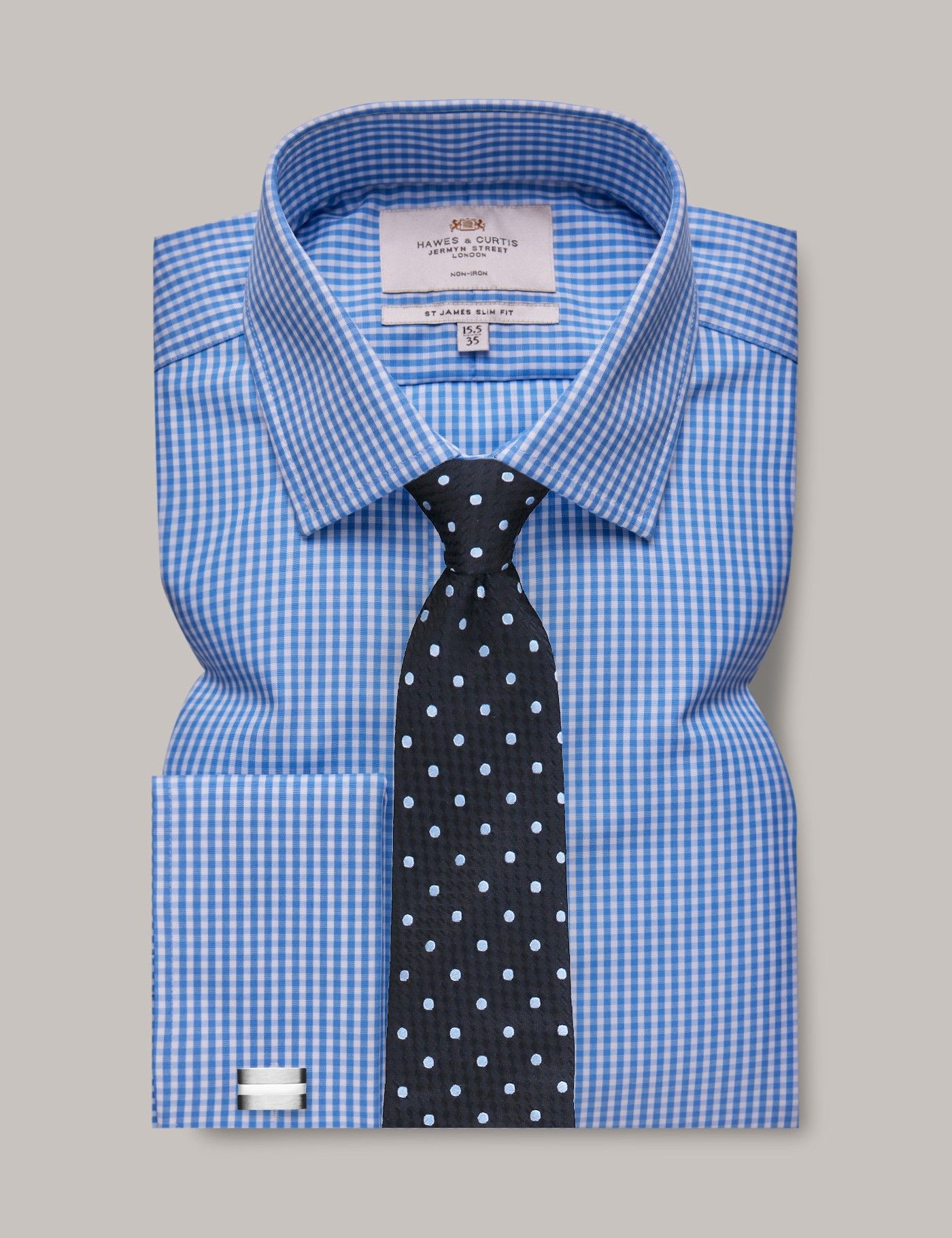 Men's Non-Iron Blue & White Gingham Check Slim Shirt - Double Cuff | Hawes & Curtis