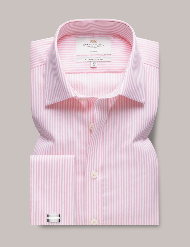 Mens Non Iron Pink And White Bengal Stripe Slim Shirt French Cuff