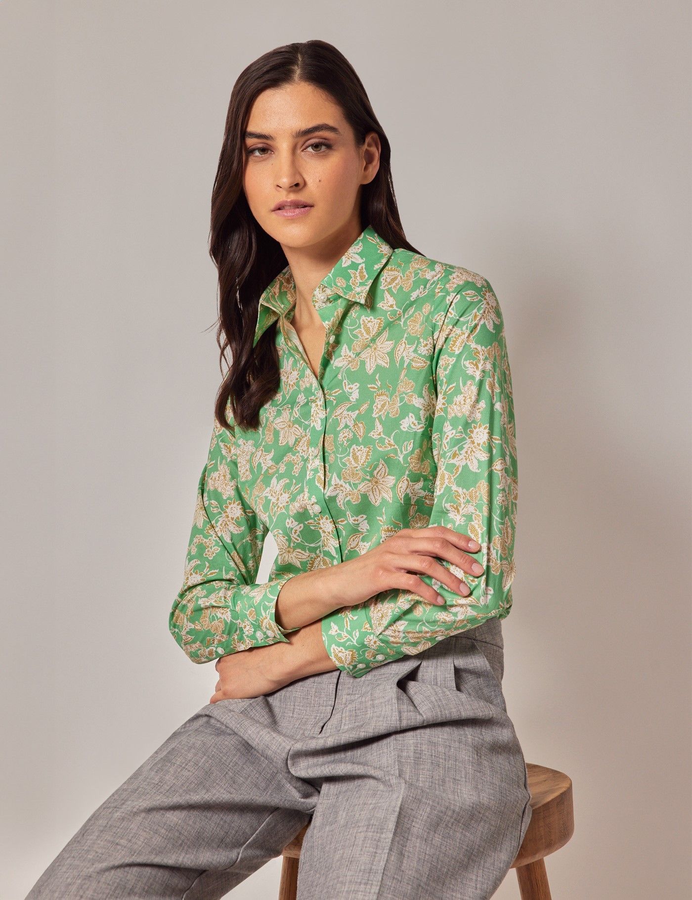 Women's Green & White Floral Cotton Semi-Fitted Shirt | Hawes & Curtis