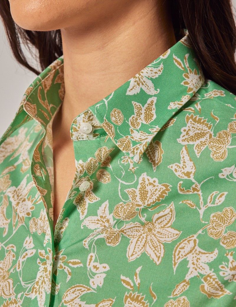 Women's Green & White Floral Cotton Semi-Fitted Shirt | Hawes & Curtis