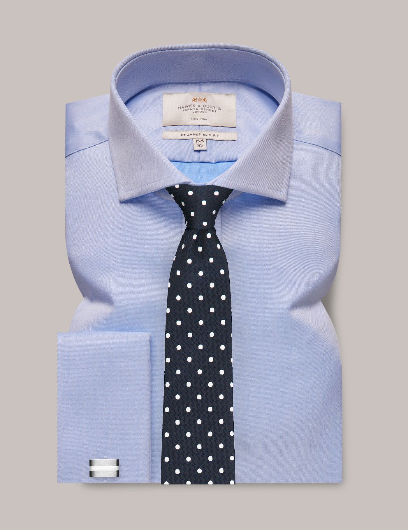 Men's Non-Iron Blue Twill Slim Shirt - Windsor Collar - Double Cuff