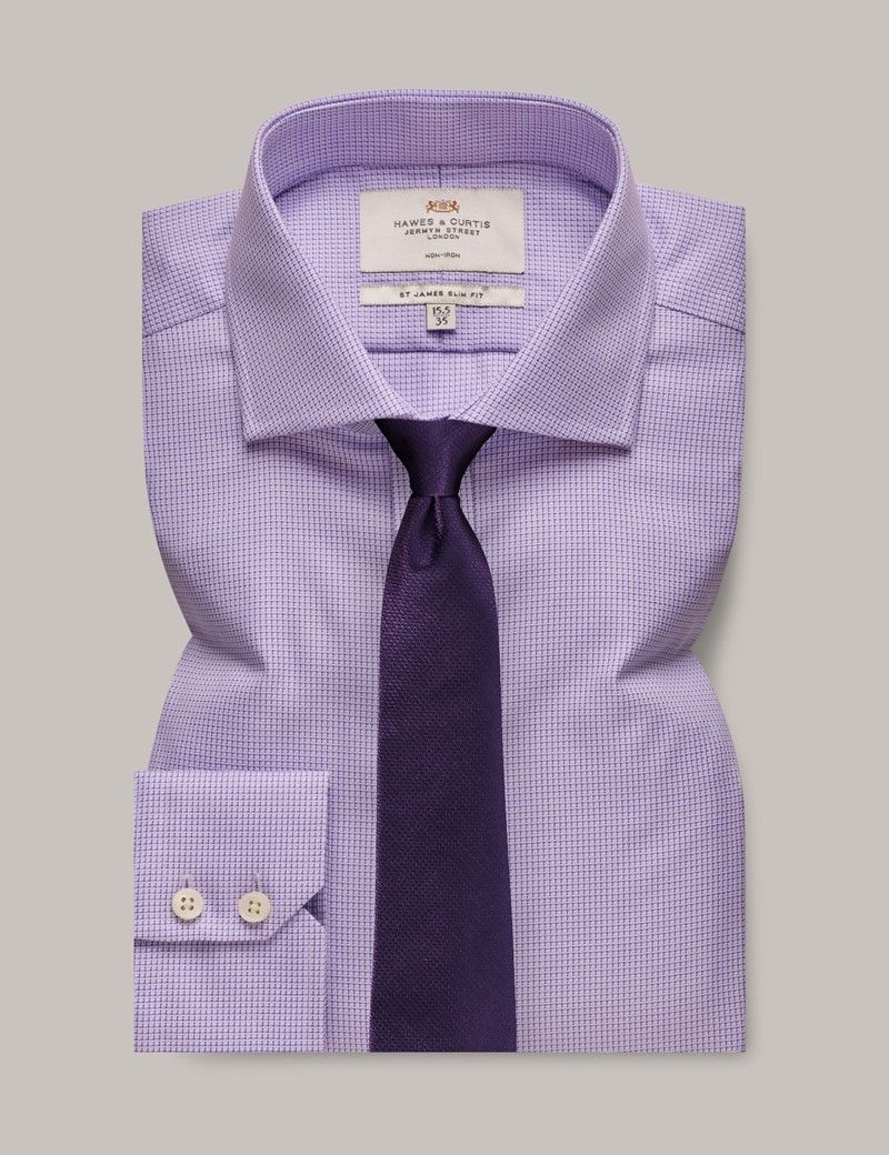 Men's Non-Iron Lilac & White Textured Weave Slim Shirt - Windsor Collar ...
