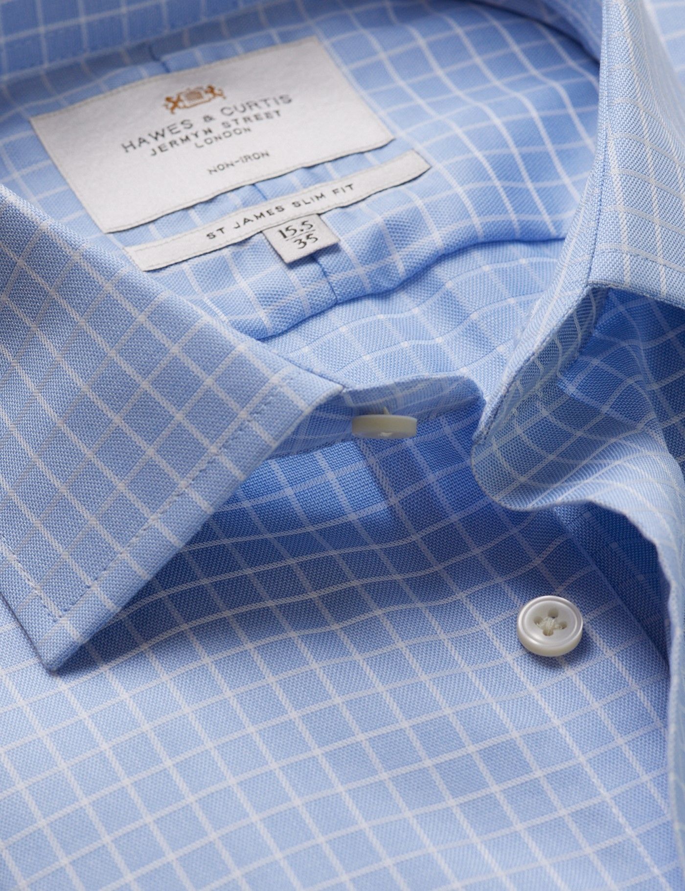 Men's Non-Iron Blue & White Grid Check Slim Fit Shirt | Hawes and Curtis