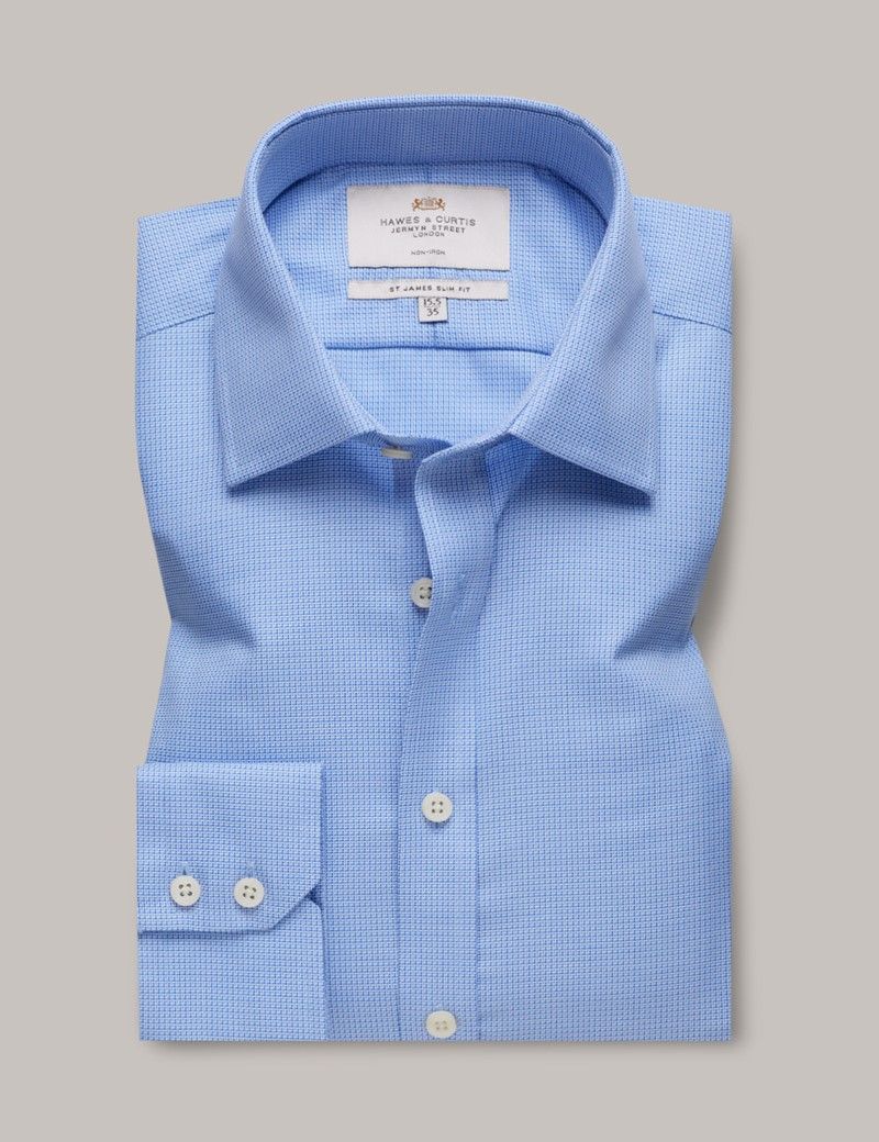 Men's Non-Iron Blue & White Textured Weave Slim Shirt | Hawes & Curtis
