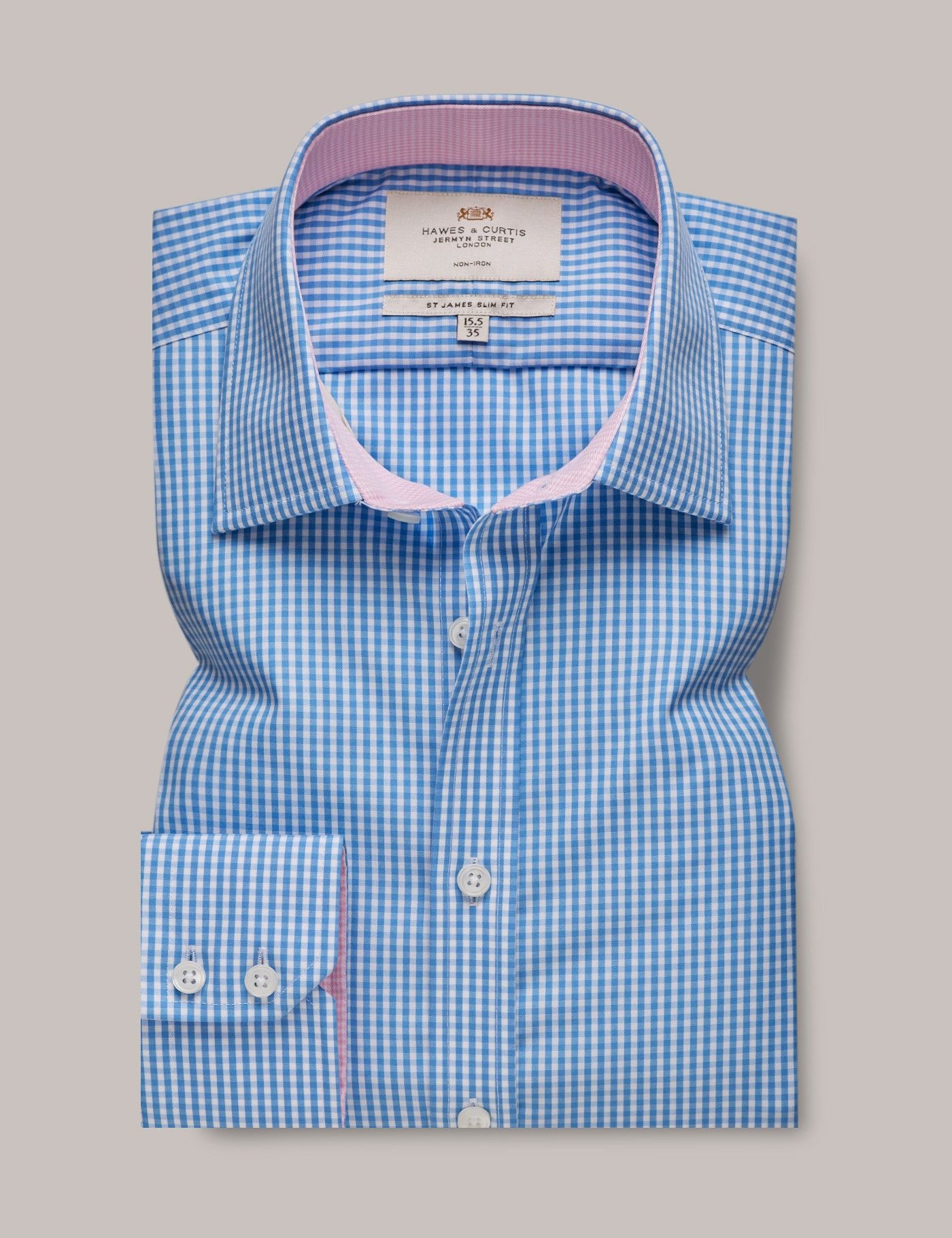 Men's Non-Iron Blue & White Gingham Check Slim Shirt - Contrast Detail | Hawes & Curtis