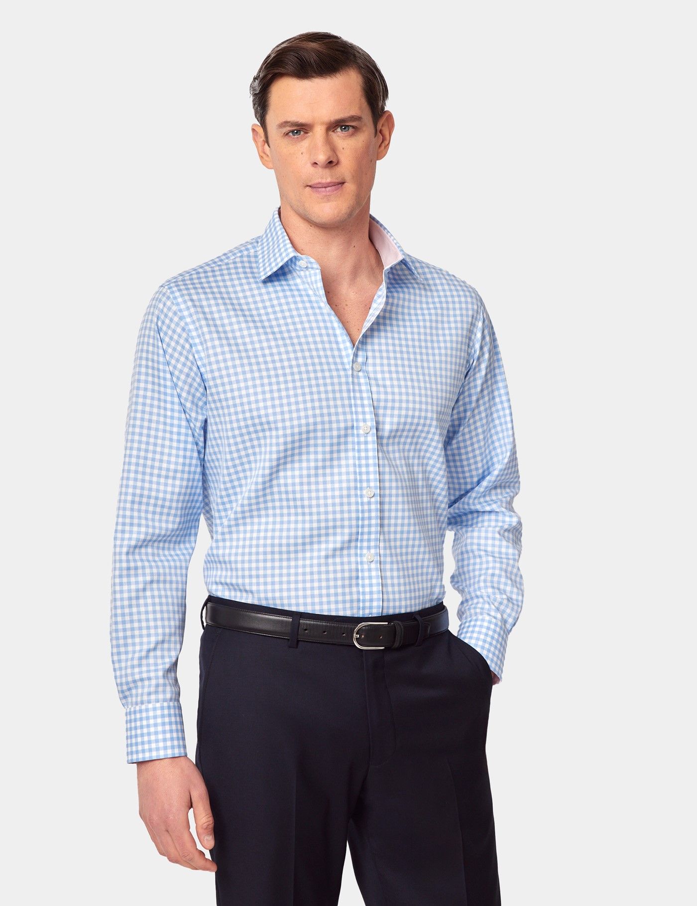 Men's Non-Iron Blue & White Check Slim Shirt - Contrast Detail | Hawes & Curtis