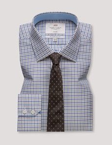 Men's Non-Iron Blue & Brown Multi Check Slim Fit Shirt - Contrast Detail | Hawes & Curtis