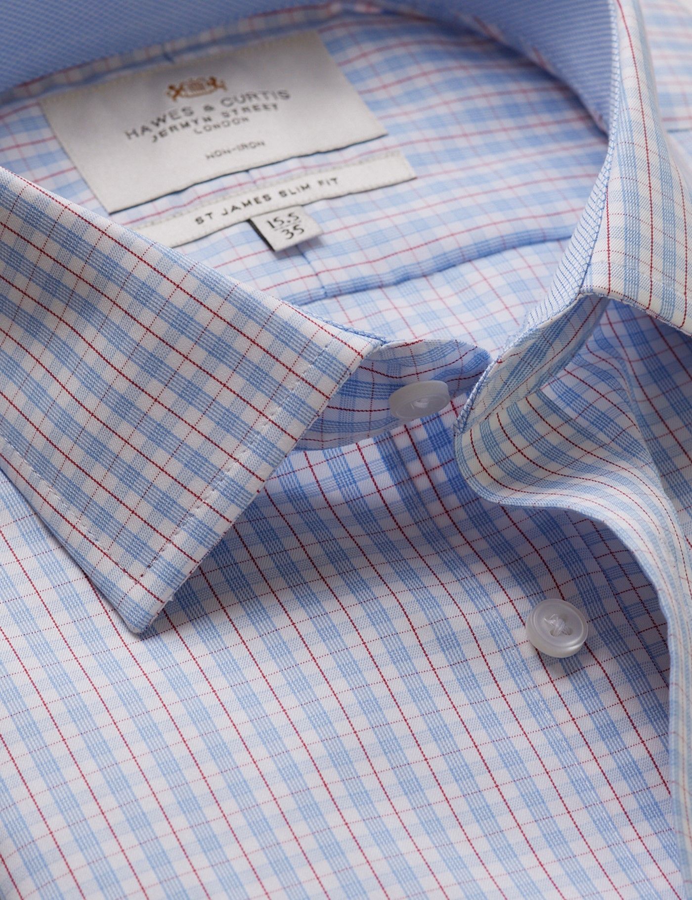 Men's Non-Iron Blue & Red Multi Check Slim Fit Shirt - Contrast Detail | Hawes & Curtis