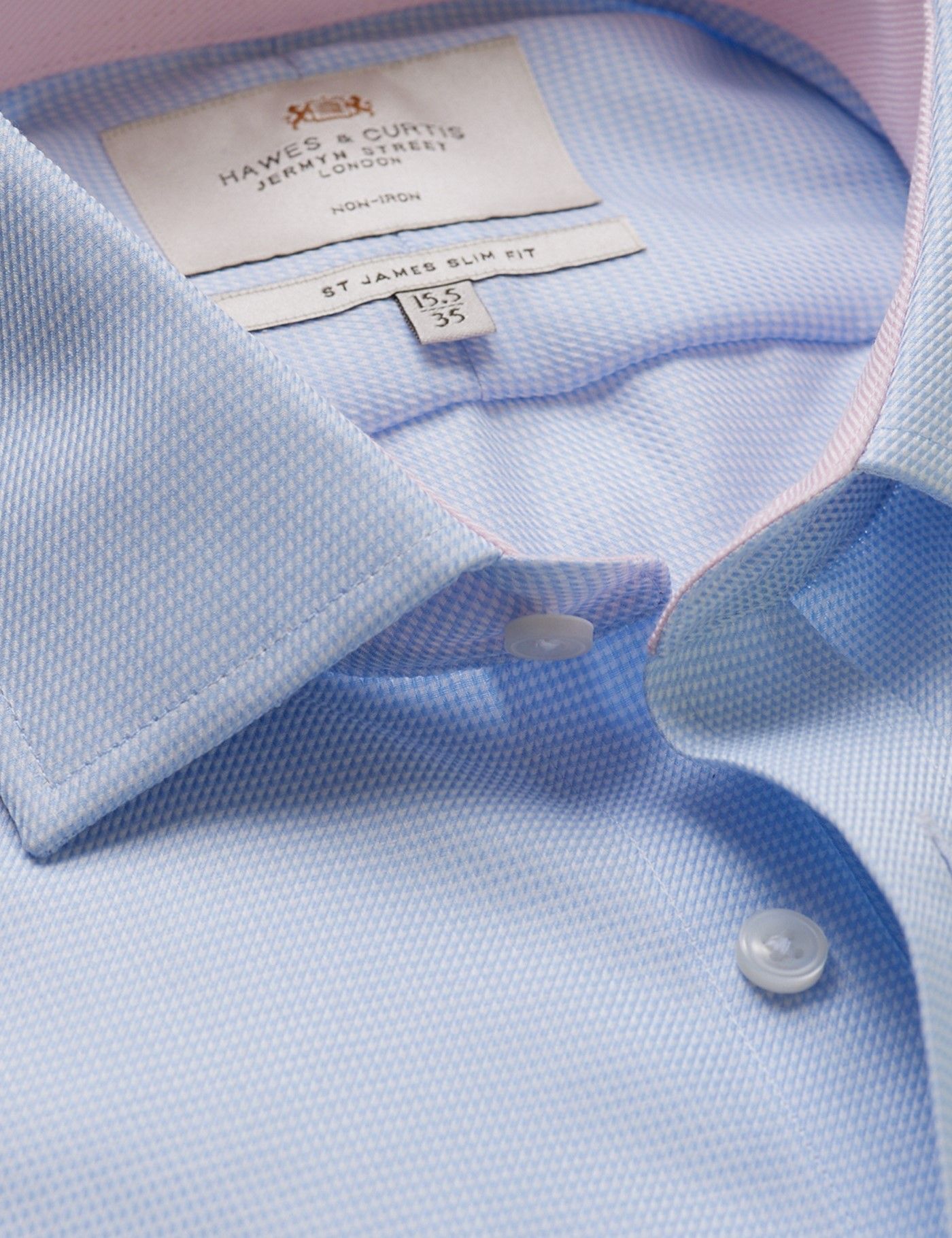 Men's Non-Iron Blue & White Textured Weave Slim Fit Shirt - Contrast ...