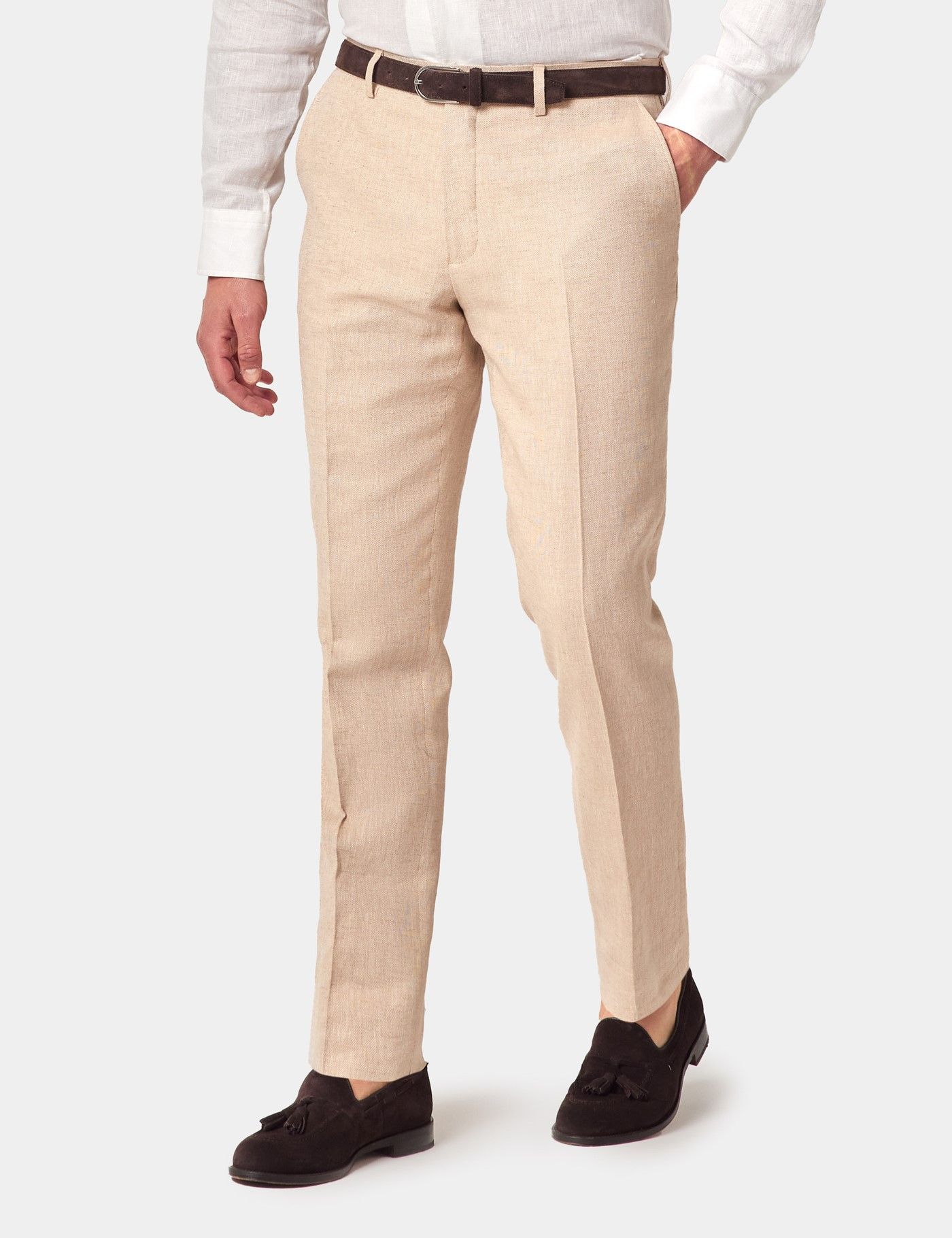 Men's Beige Cotton Linen Slim Suit Trousers | Hawes & Curtis