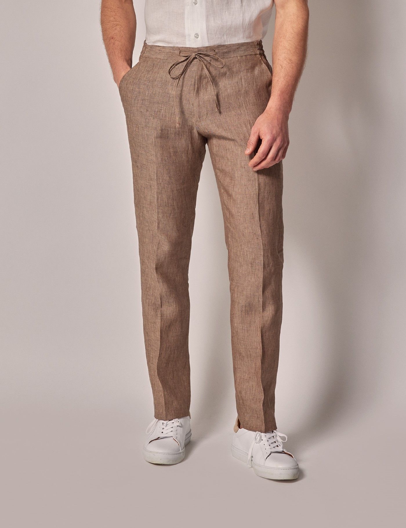 Mens Light Brown Linen Drawstring Trousers Hawes And Curtis