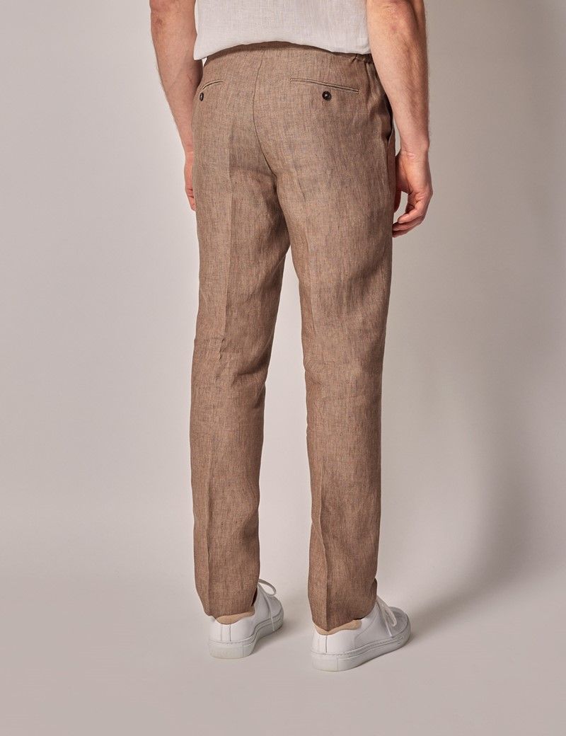 Mens Light Brown Linen Drawstring Trousers Hawes And Curtis