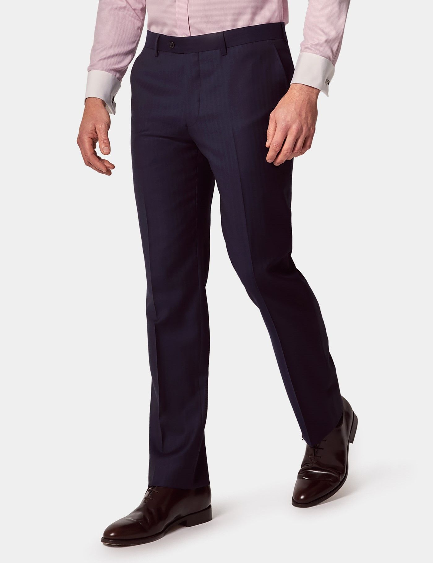 Men's Navy Herringbone Wool Slim Fit Suit Trousers | Hawes and Curtis