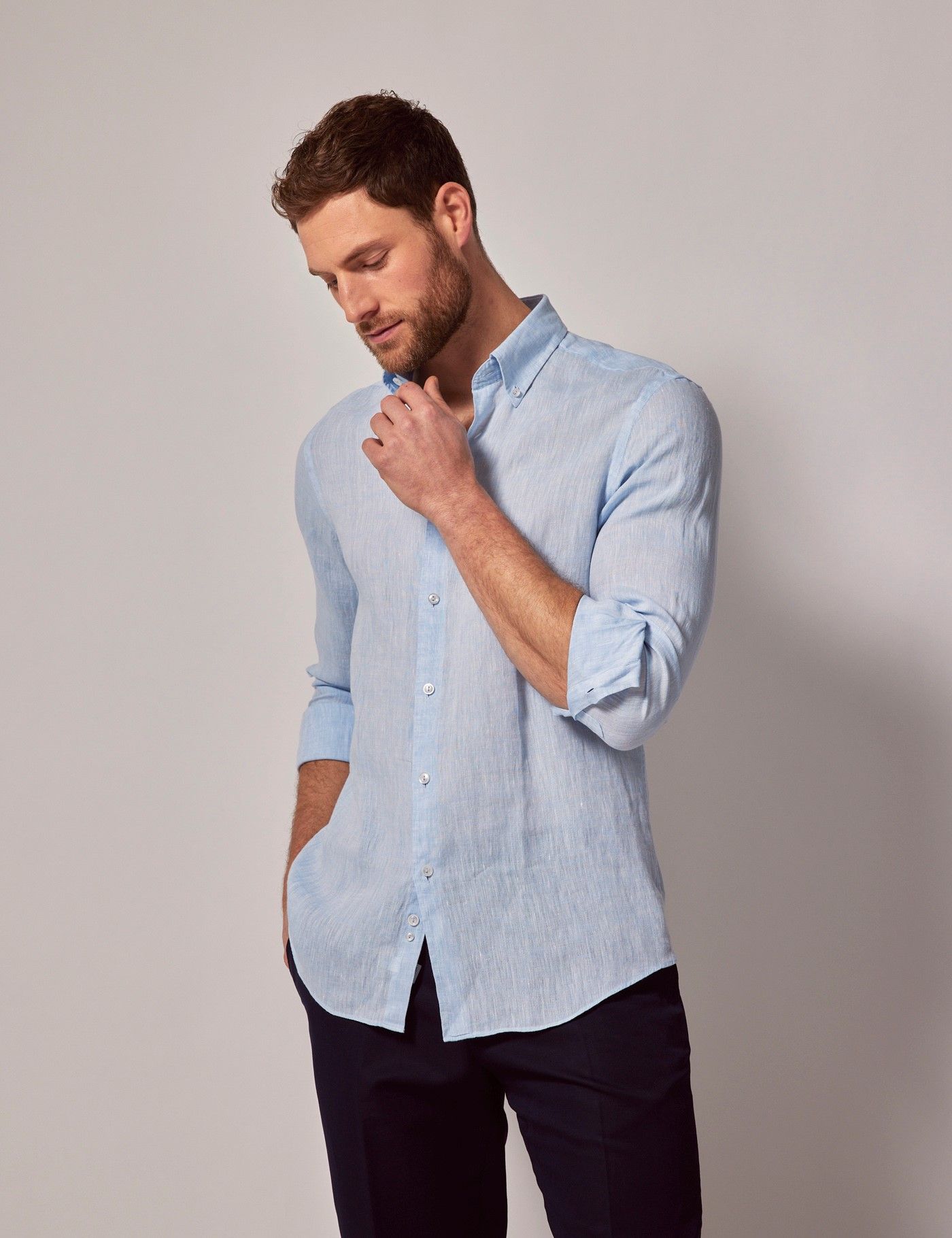 Men s Light Blue Linen Slim Shirt Button Down Collar Hawes Curtis