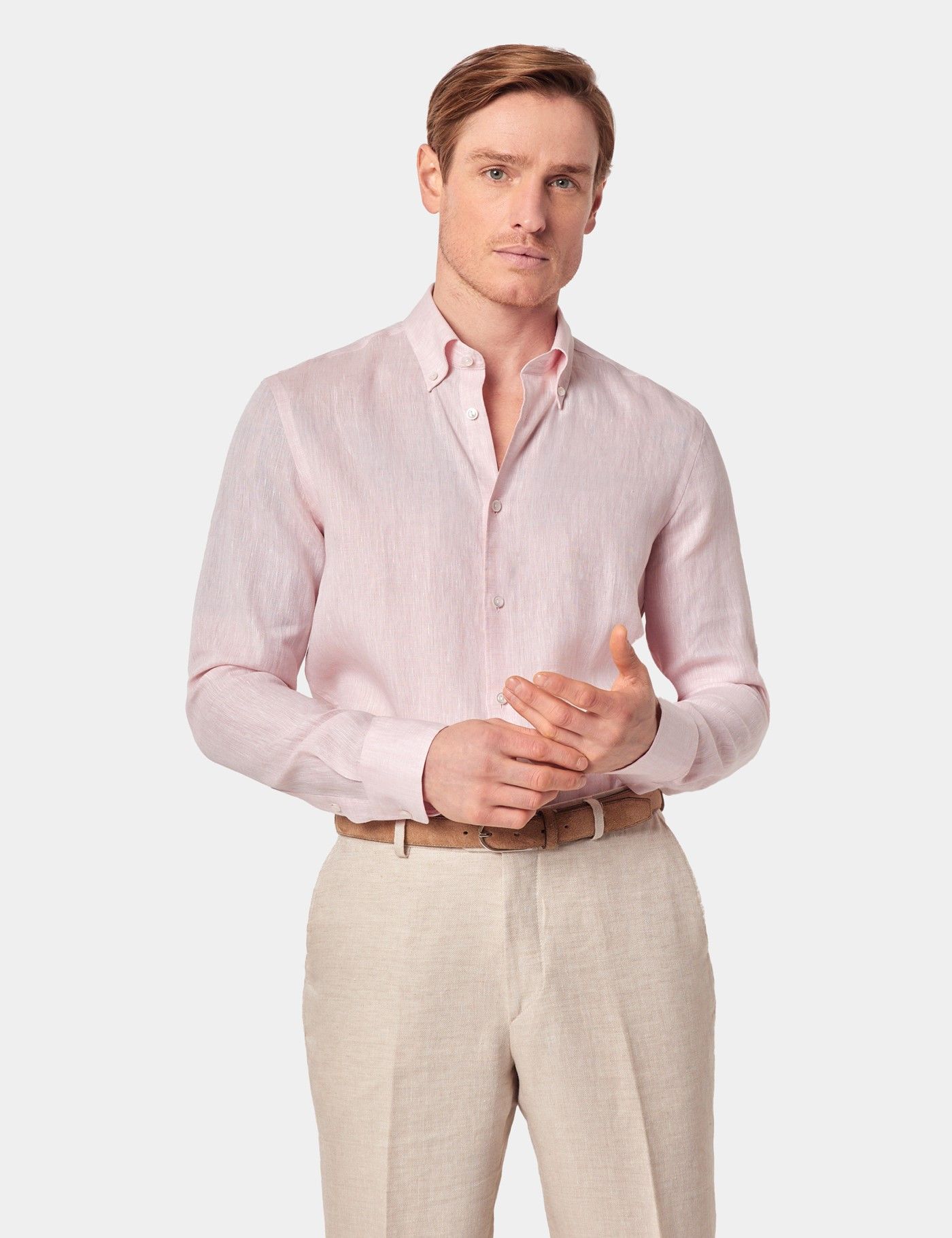 Men's Pink Pure Linen Slim Shirt – Button Down Collar | Hawes & Curtis
