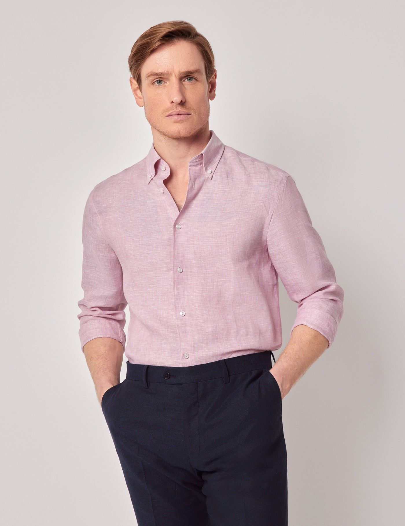 Men's Dusty Pink Linen Slim Shirt - Button Down Collar | Hawes & Curtis