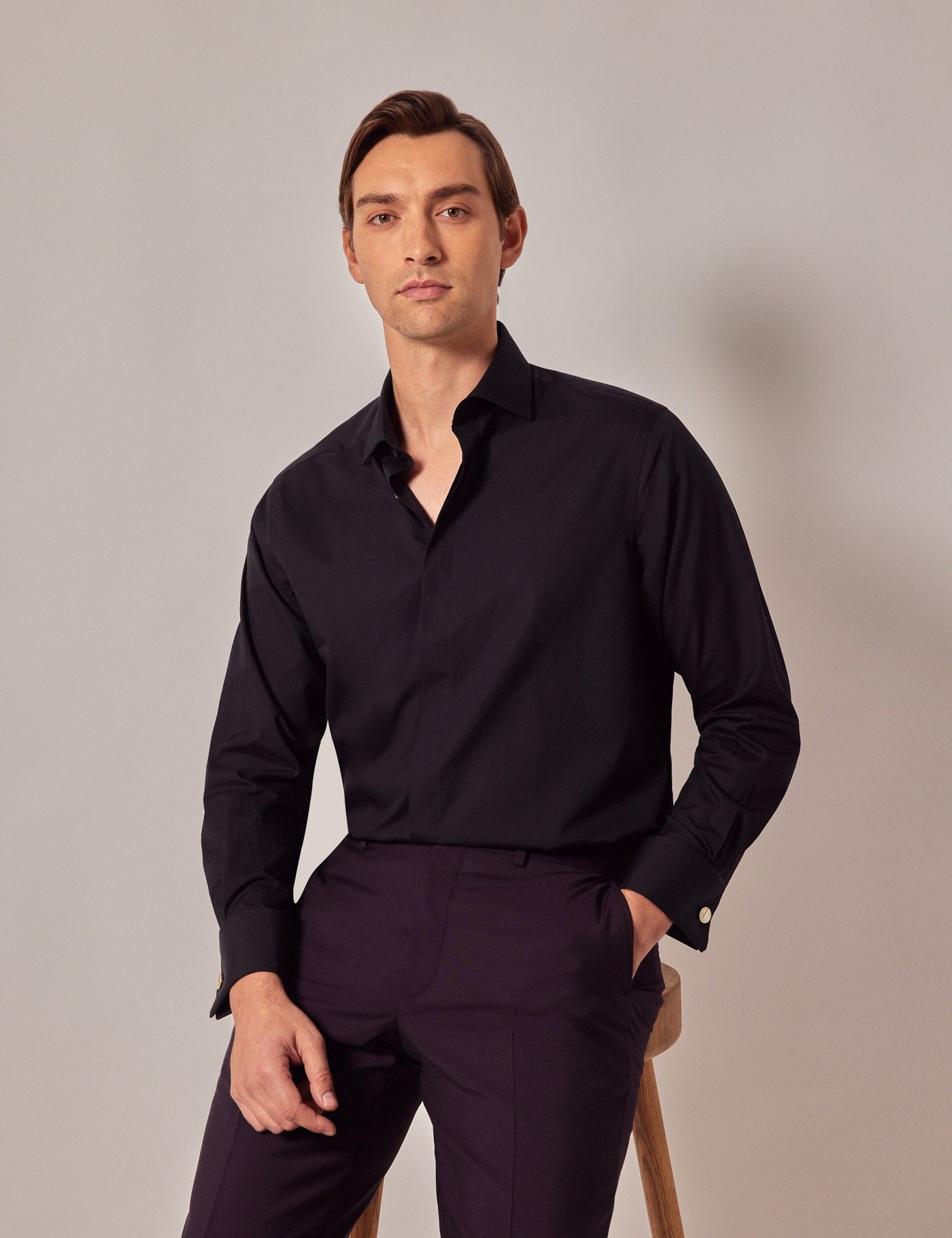 Men's Black Poplin Classic Shirt - French Cuff - Concealed Placket ...