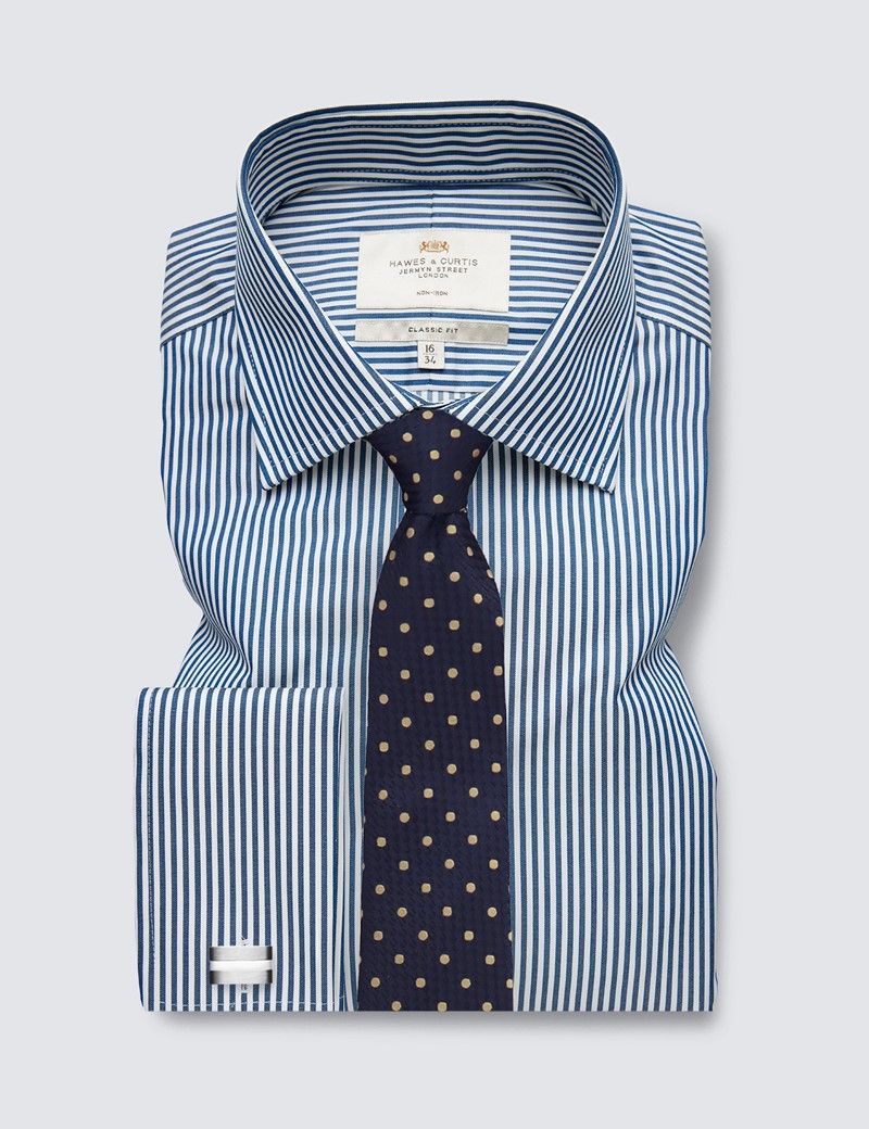 Mens Non Iron Navy And White Bengal Stripe Classic Shirt Double Cuff