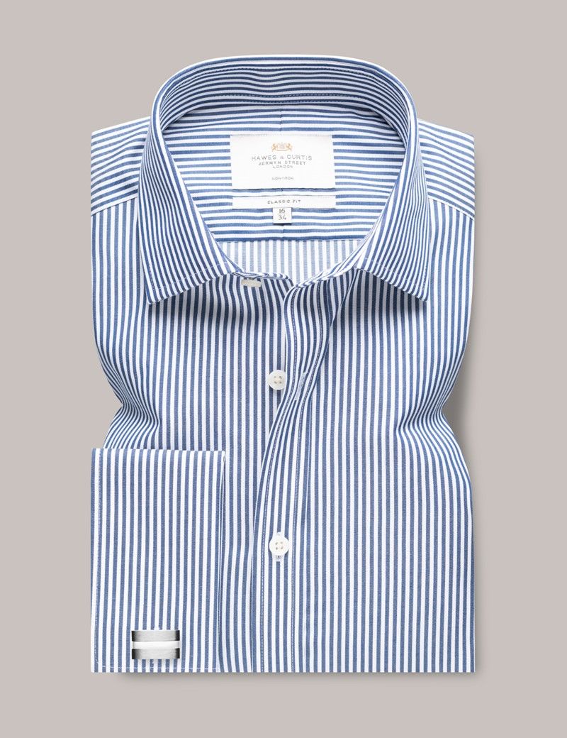 Men's Non-Iron Navy & White Bengal Stripe Classic Shirt - French Cuff ...