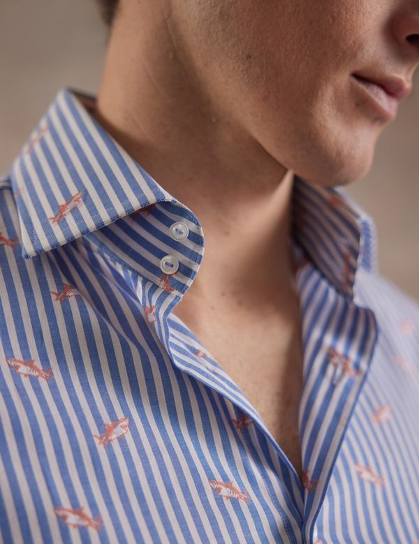 Men's Blue & White Dobby Shark Stripe Slim Shirt - Mid-Collar | Hawes ...