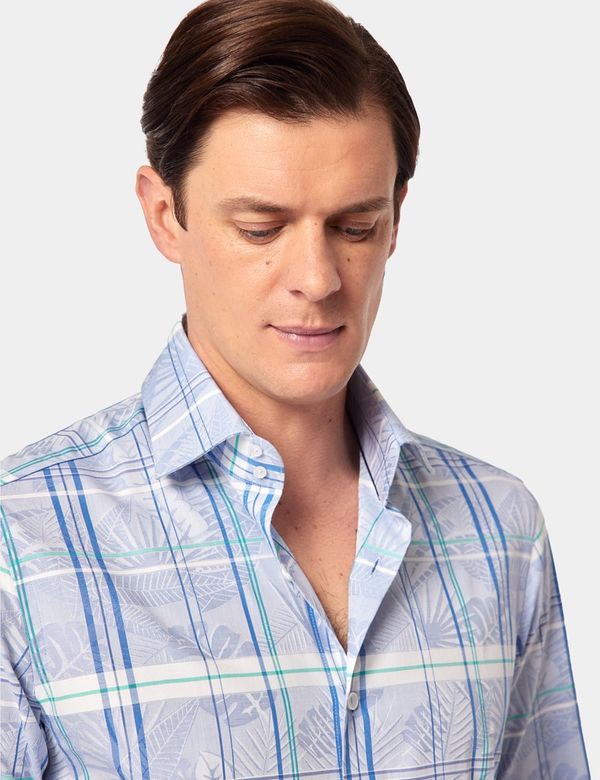 Men's Blue & Green Jungle Leaf Check Slim Curtis Shirt - Mid-Collar ...