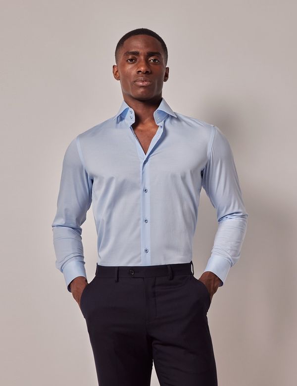 Men's Light Blue Slim Stretch Shirt - Contrast Detail - Mid-Collar ...