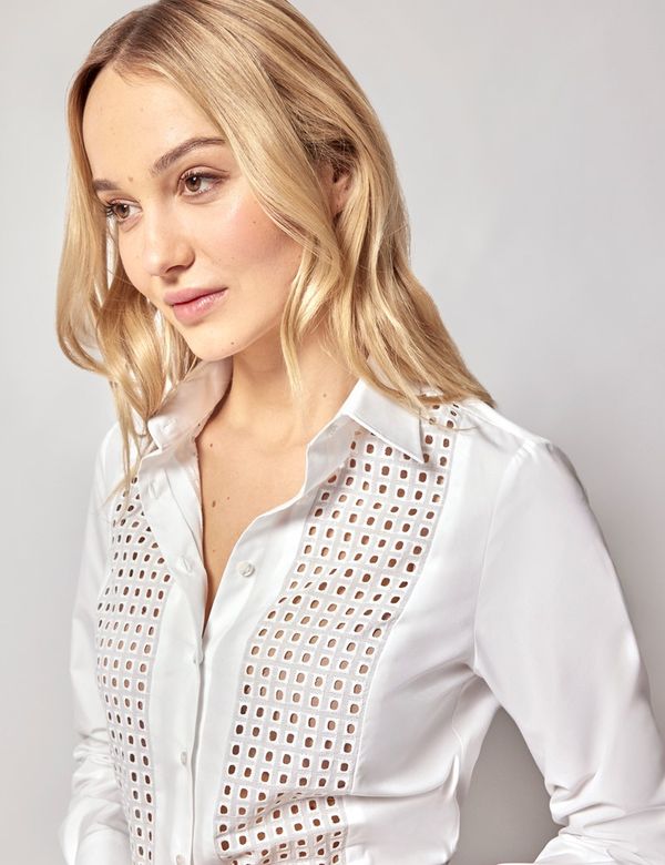 Women's White Cotton Broderie Panel Boutique Shirt | Hawes & Curtis