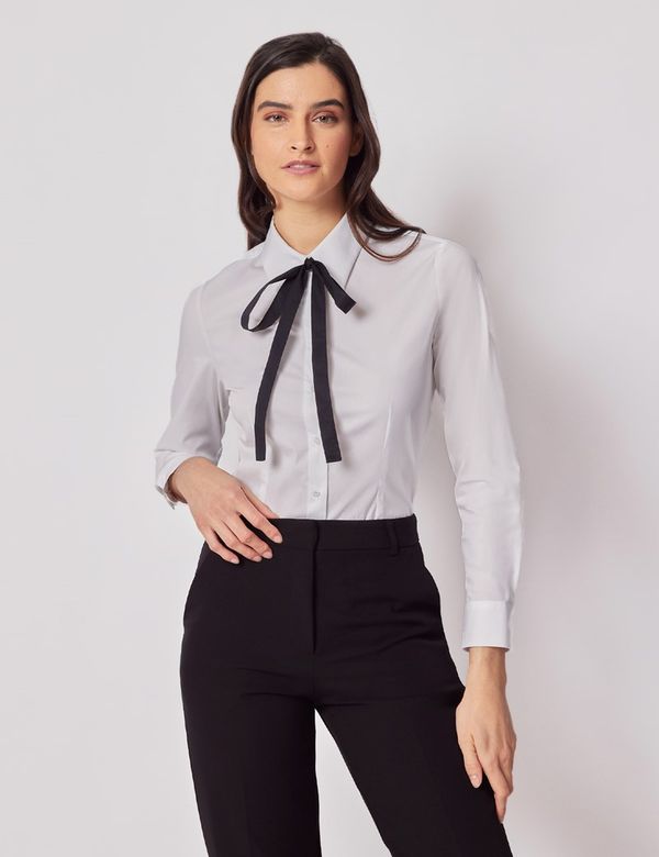 Women's White Contrast Ribbon Cotton Stretch Boutique Shirt | Hawes ...