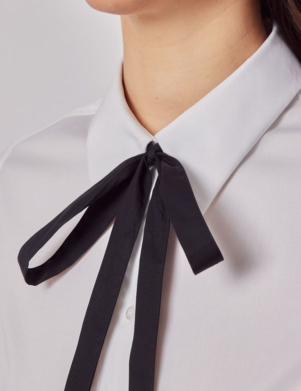 Women's White Contrast Ribbon Cotton Stretch Boutique Shirt | Hawes ...