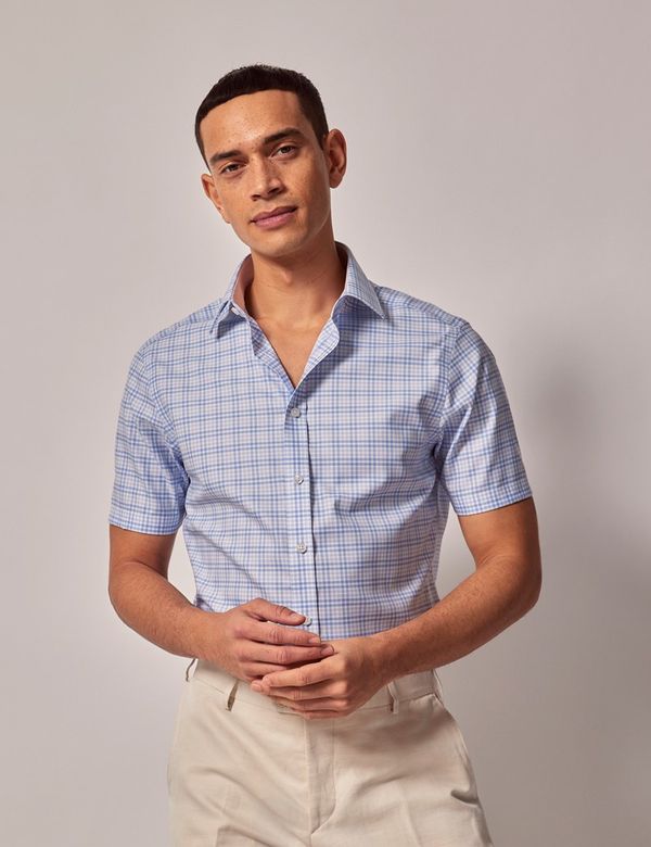 Men's Non-Iron Blue & Light Blue Check Slim Short Sleeve Shirt | Hawes ...