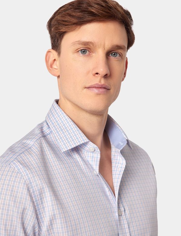 Men's Non-Iron Blue & Red Check Slim Fit Shirt - Short Sleeve| Hawes ...