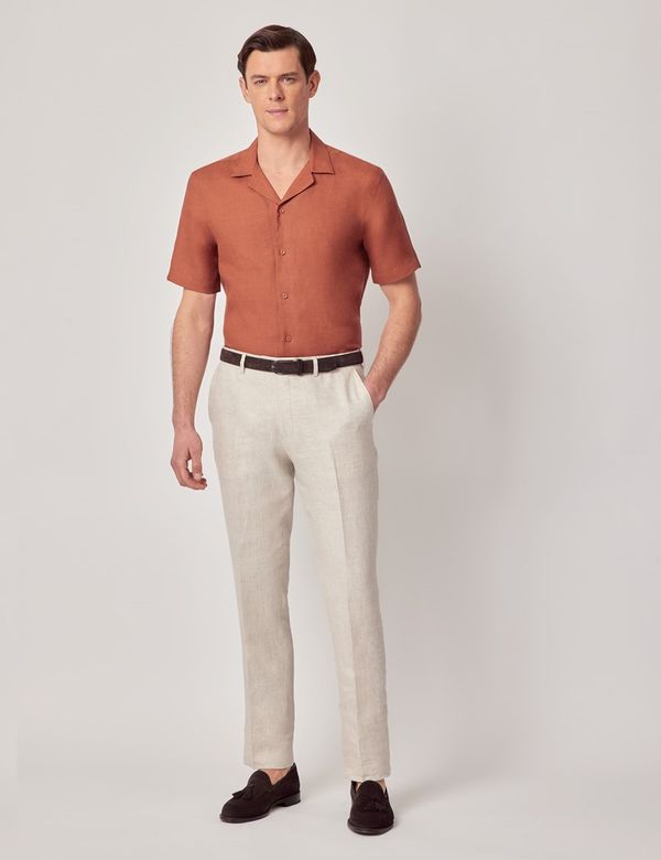 Rust Pure Linen Slim Shirt - Short Sleeve - Revere Collar | Hawes & Curtis